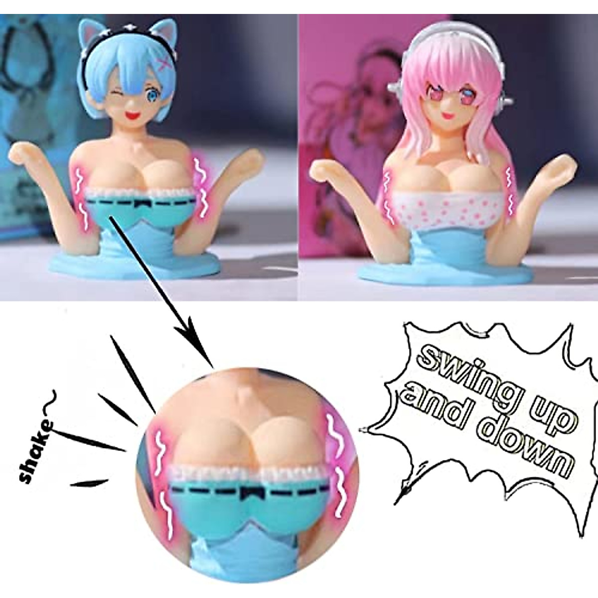 Dimcaso Chest Shaking Car Ornaments, Anime Figure Girl Car Dashboard Decorations, Bobbleheads for Car Dashboard, Cute Anime Girl Figure, Chest Shaking Ornament for Room Car Decor (Rem+Sonic+Kanako)