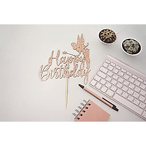 Tinker Bell Happy Birthday Cake Topper, Fairy Tinkerbell Disney Princess Girls Birthday Party Cake Decorations, Rose Gold Glitter