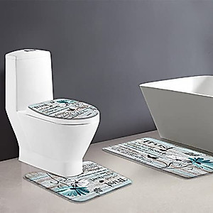 DSMEUE Inspirational Quote 4 Piece Shower Curtain Sets with Rugs，Rustic Teal Wooden Board Daisy Flower Butterfly Motivational 70"x70" Bathroom Curtain and 17.8"x29.5" Bath Mat,Toilet Cover, U-Shaped