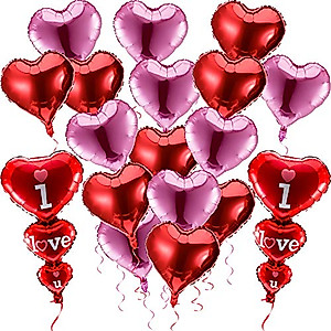 Gejoy 2 Pieces I Love You Red Heart Balloons and 20 Pieces Heart Shaped Foil Balloons with 2 Rolls Hanging Swirl Ribbon for Valentine's Day Decoration, 24 Pieces Totally
