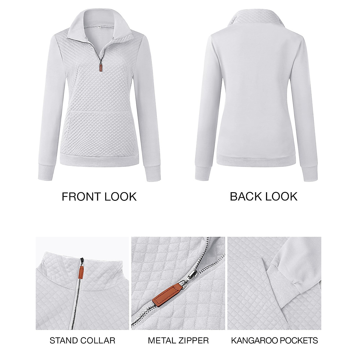 BTFBM Women Fashion Quilted Pattern Lightweight Zipper Long Sleeve Plain Casual Ladies Sweatshirts Pullovers Shirts Tops (White, Large)