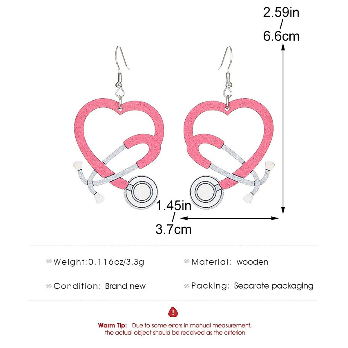 Doctor Nurse Stethoscope Wooden Dangle Earrings Love Heart Stethoscope Medical Theme Earrings Nurse's Day Gifts for Doctors Nurses Medical Students-Pink