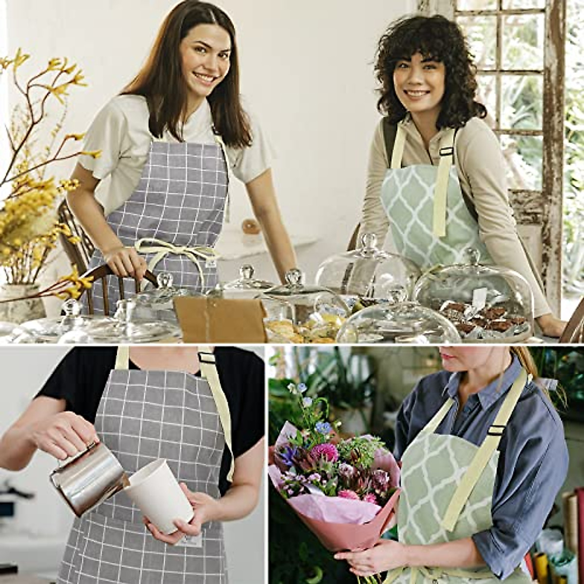 Riqiaqia 2 Pieces Aprons for Women with Pockets, Cotton Linen Waterproof Kitchen Cooking Aprons, Chef Apronfor Men Women with Adjustable Neck Strap and Long Ties(Grey/Green)