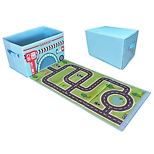 EMBRACE PLAY Toy storage box with car rug play mat - Toy box for boys and girls - 2 in 1 collapsible toy car storage- toyboxes for children - toy boxes for kids (BLUE)