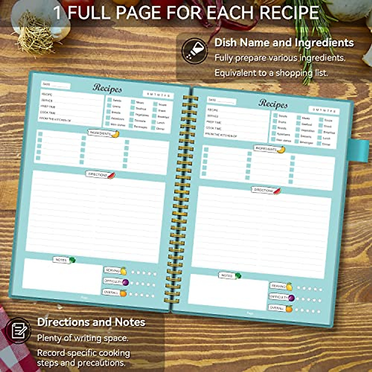 Recipe Book to Write in Your Own Recipes, Blank Recipe Notebook with 15 Tabs for Family Cooking Lover, 120 Pages Recipe Organizer, 7 x 10", Teal