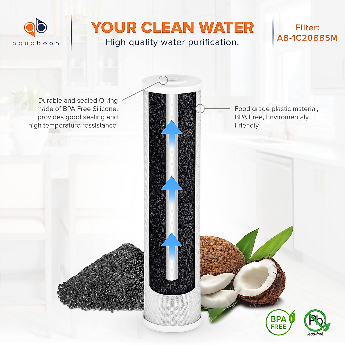 AQUABOON 5 Micron 20" x 4.5" KDF, Sediment & CTO Carbon Block Replacement Filter Cartridges Set | 1 set, 3 filters in a Set | COMPATIBLE WITH: EP20-BB, 2C-20BB, 155358-43, DGD-5005-20