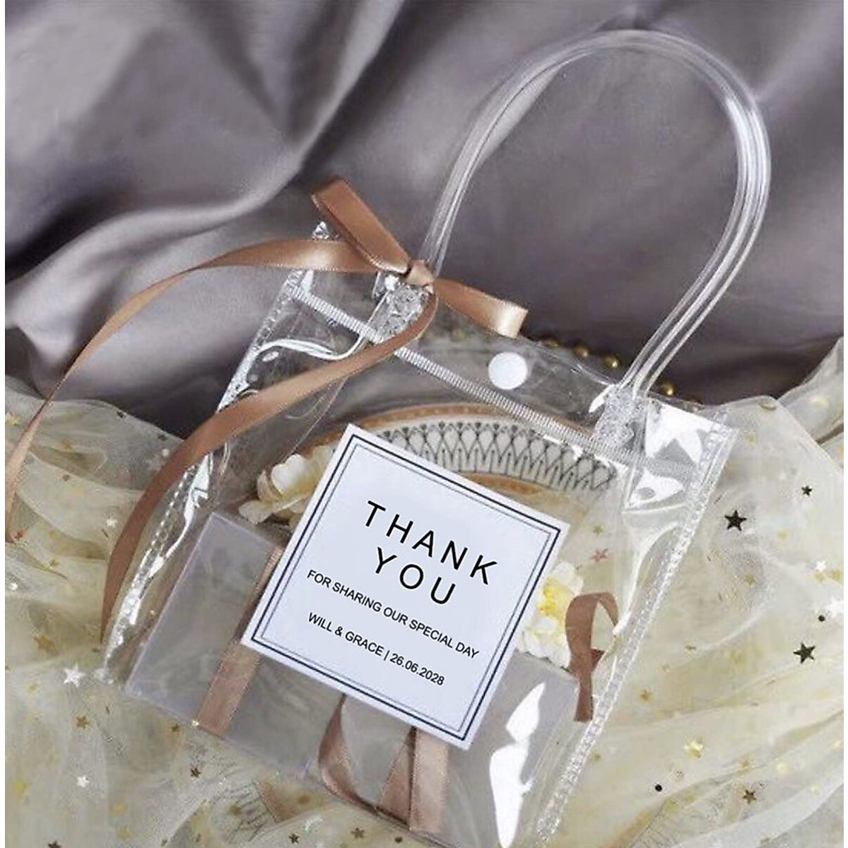 50 Pcs Plastic Gift Bags with Handle Reusable PVC Gift Wrap Tote Bags for Bachelorette Bridesmaid Wedding Birthday Baby Shower Party Favor(5.9X4.9X2.5inches)