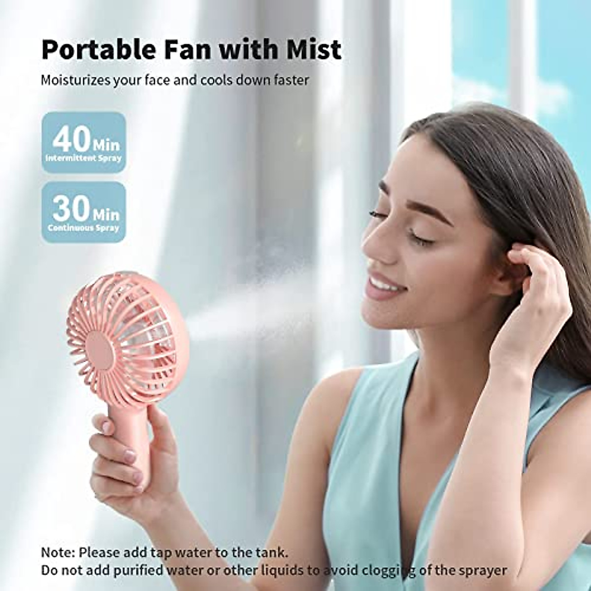 Otlonpe Misting Fan Portable, Desk Handheld Fan 3 Speeds Small Mister Rechargeable Fan with 2500mAh Battery, Water Spray Travel Personal Fan for Kids Women Men Home Office Outdoor (Pink)