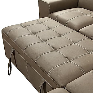 THSUPER 104'' Sectional Sleeper Sofa with Pull Out Bed and Storage Chaise Ottoman, L Shaped Sectional Couch with Reclining Headrest and Stools for Living Room, Microfiber Upholstered - Light Brown
