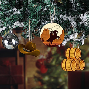 24 Pcs Christmas Western Cowboy Ornaments Wood Hanging Christmas Tree Ornaments Western Party Decorations Wooden Cowgirl Farm Hat Wild Boot Cow Horse for Xmas Tree Decoration