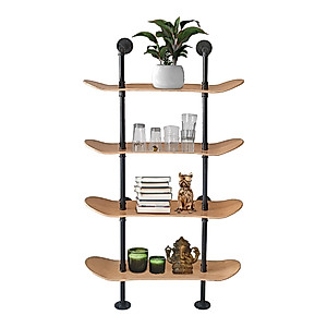 Industrial Shelves - 4 Tier Industrial Decor Pipe Bookcase Using 7 Ply Skateboard Decks - Natural Wood Stain Finish - Perfect Bathroom Wall Decor, Book Shelf for Skateboard Enthusiasts