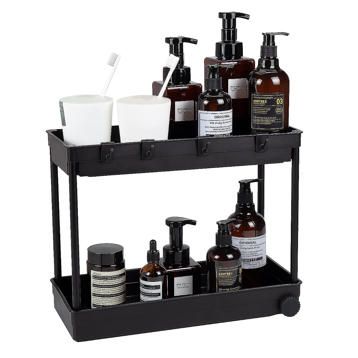 KCBDSE Under Sink Organizer, 2 Tier Bathroom kitchen storage Rack with 4 Hooks,Multi-purpose Under Sink Storage, vanity Countertop Storage Shelf Holder, Black