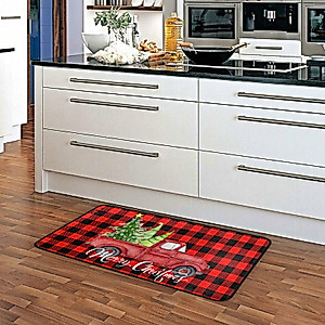 Christmas Tree Red Truck Kitchen Rugs Buffalo Check Plaid Winter Bath Rug Indoor Outdoor Doormat Runner Comfort Mat Non-Slip Carpet for Bathroom 39" X 20"