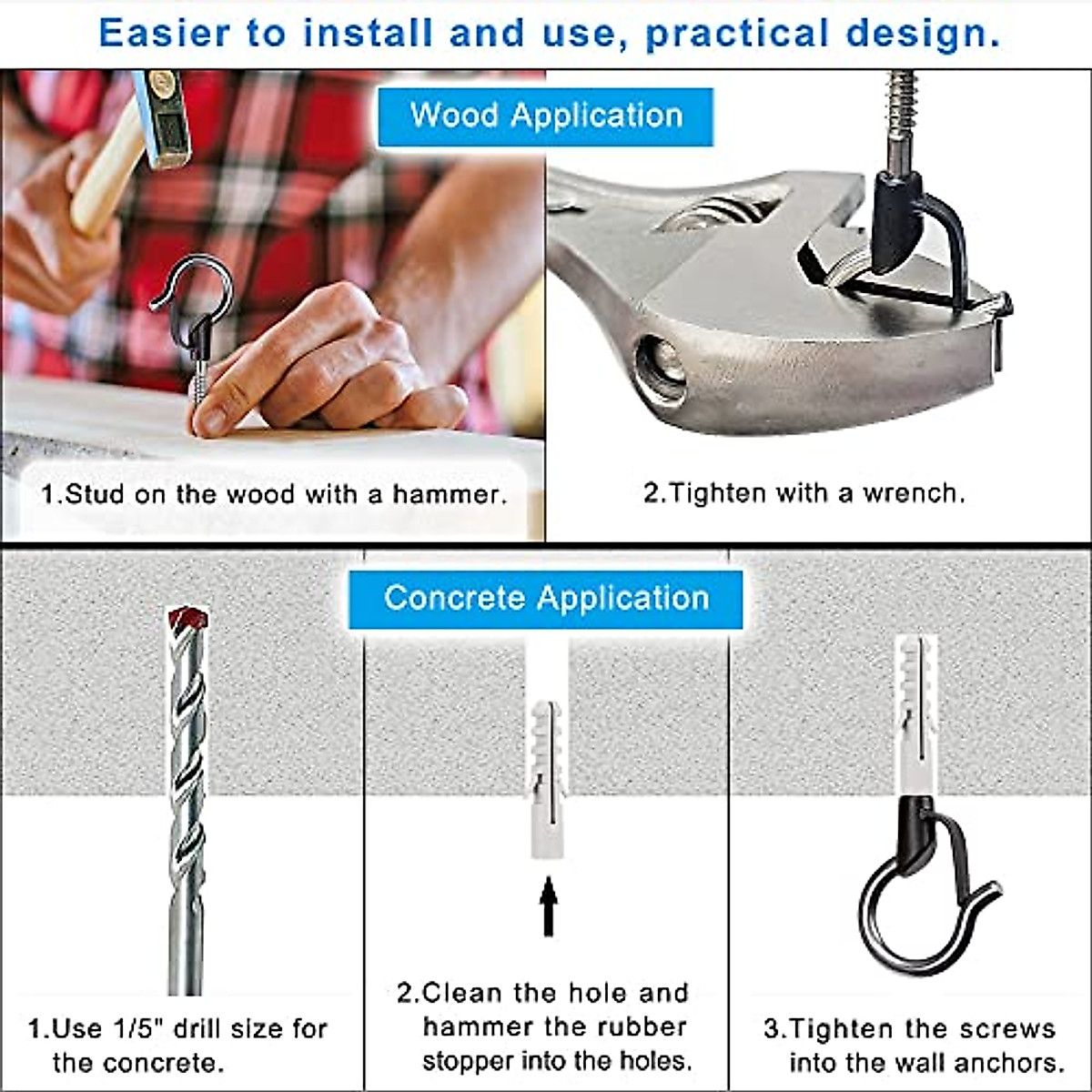 BeneLabel 20-Pack Screw in Hooks for Hanging Plants, String Lights & More - Black Wood Hooks with Safety Buckle Design - Rust Proof & Weather Proof - 40 lbs Capacity