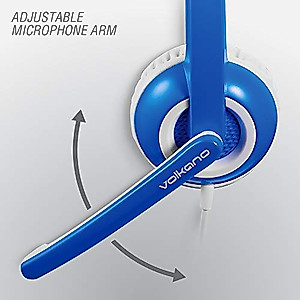Volkano Kid-Friendly Volume-Controlled Headset, Adjustable Microphone for Elearning, Home School, 5.9 Inch Cable w/Adorable Animal Cable Protector, Smartphones, Computers [Blue] - Chat Junior Series