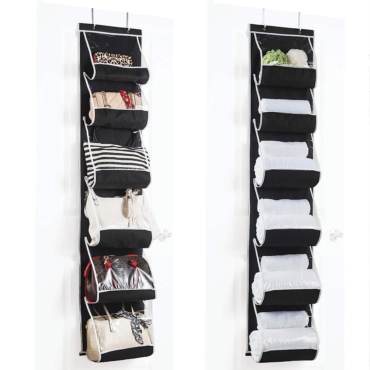 ZOBER Purse Organizer For Closet - Over The Door Purse Organizer W/ 6 Pockets for Easy Purse Storage - Durable Metal Hooks - Purse Rack W/Clear Pockets - Black (2 Pack)