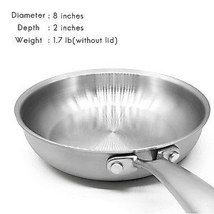 Fortune Candy 8-Inch Fry Pan with Lid, 3-ply Skillet, 18/8 Stainless Steel, Dishwasher Safe, Induction Ready, Silver