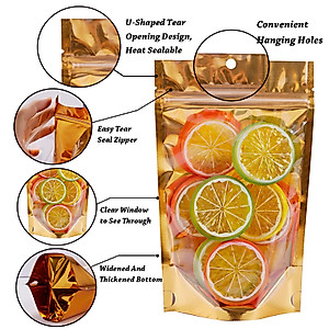 100 Pack Mylar Bags for Food Storage Resealable Aluminum Foil Stand Up Pouch with Window & Hang Hole 3.94×7.08 Inch Reusable Zipper Lock Food Packaging Heat Seal Bags for Small Business & Home - Gold