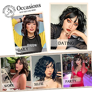 ENTRANCED STYLES Black Wigs with Bangs for Women 14 Inches Synthetic Curly Bob Wig for Girl Natural Looking Wavy Wigs …