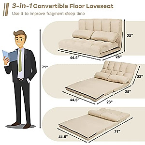 KOMFOTT Adjustable Floor Sofa Bed, Foldable Lazy Sofa Sleeper Bed with 6 Position Backrest & 2 Pillows, Convertible Futon Couch Bed with Suede Cloth Cover, Lounge Recliner for Living Room