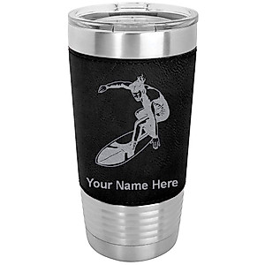 LaserGram 20oz Vacuum Insulated Tumbler Mug, Surfer Man, Personalized Engraving Included (Faux Leather, Black)