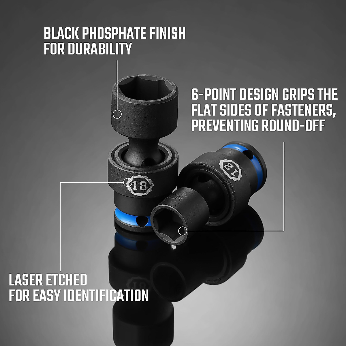 DURATECH 3/8" Drive Impact Universal Joint Socket Set, Swivel Socket Set, 16-Piece, Metric, 8-24MM, Cr-Mo Steel, Organized in EVA Foam Organizer