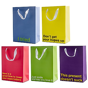 MilkToast Brands 5-Piece Funny Gift Bags Set – Colorful Medium Gift Bags with Handles, Kraft Bags for Birthday, Holiday, Office Party, White Elephant, Men, Women, Teens, and Adults