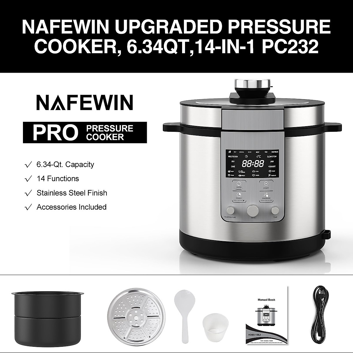Electric Pressure Cooker 6.34QT NAFEWIN 14-in-1 Electric Multi-Cooker Stainless Steel, Slow Cooker, Rice Cooker, Steamer, Sauté, Yogurt Maker, Warmer & Sterilizer, Recipes, 1000w, 110v