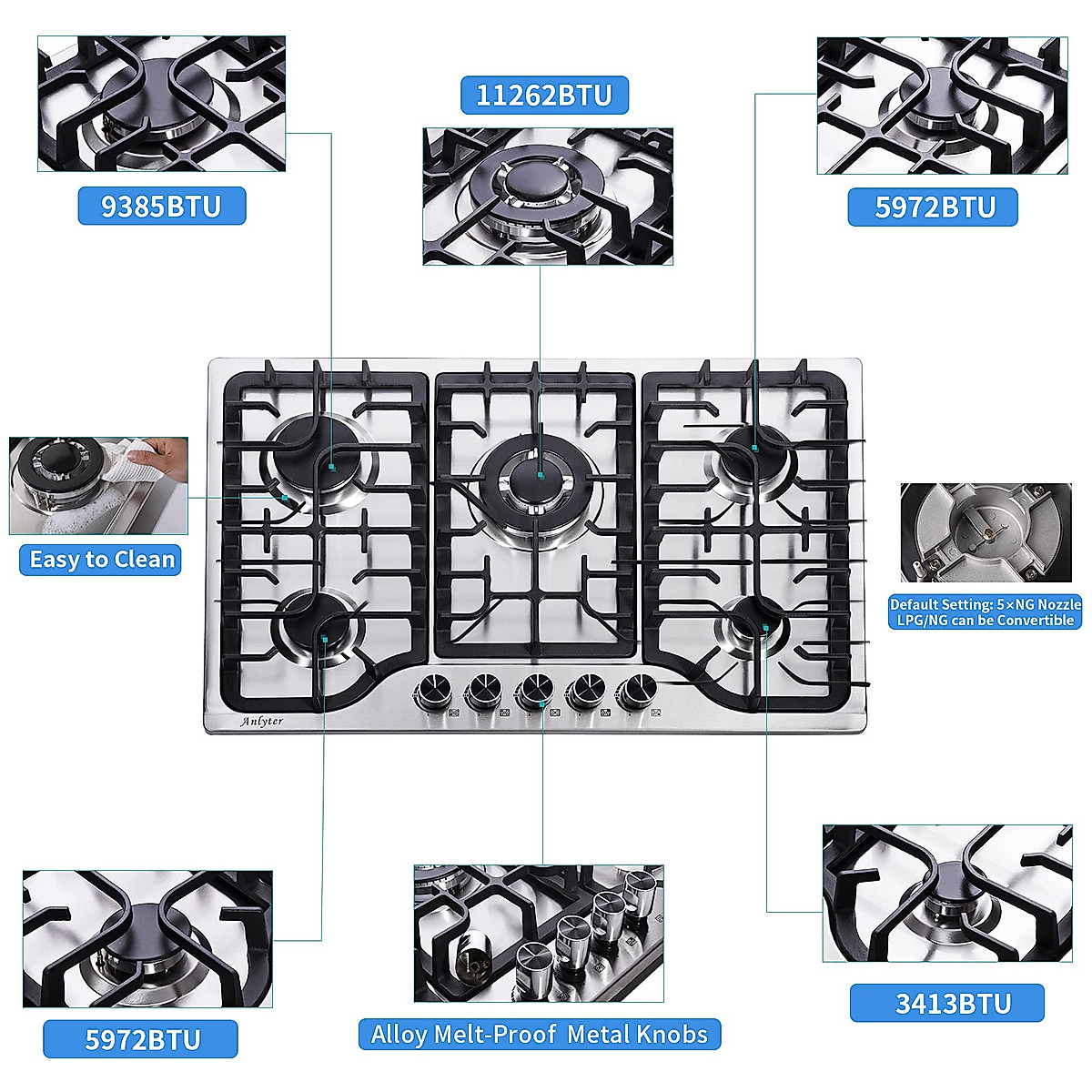Anlyter 30 Inch Gas Cooktop, 5 Burners Built-in Gas Stove Top Stainless Steel, LPG/NG Convertible Gas Stove Dual Fuel Sealed Gas Hob