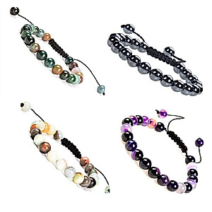 Natural Healing Power Gemstone Crystal Beads Bracelet Unisex Adjustable Macrame stretch Bracelets Tiger Eye Amazonite Amethyst Energy Power beaded Bracelets Jewelry 8mm-Coral Red