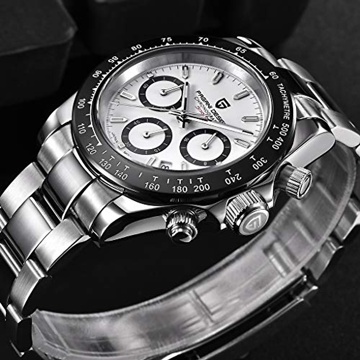 Pagani Design Daytona Homage Men's Quartz Watches Japan Movement Ceramic Bezel Stainless Steel Band Screw-in Crown Waterproof Sport Chronograph Watch