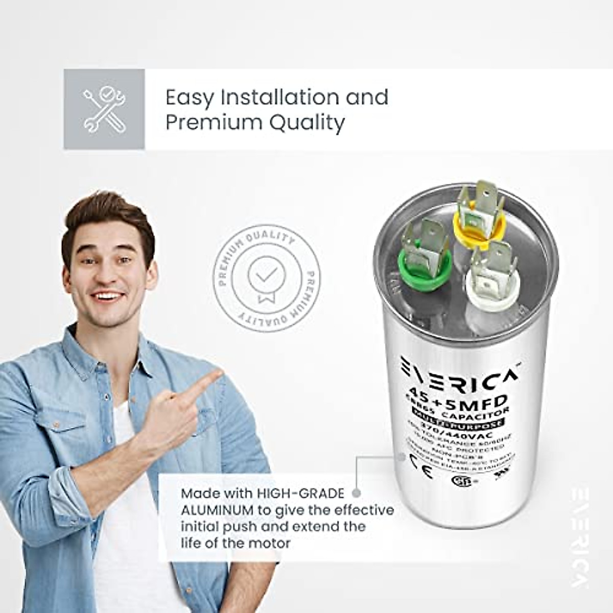 EVERICA 45+5 uF 45/5 MFD ±6% 370V/440VAC CBB65 HVAC Dual Run Circular Start 45/5 440v Capacitor for AC Air Conditioning Run Capacitor Motor Run Fan Start or Condenser Straight