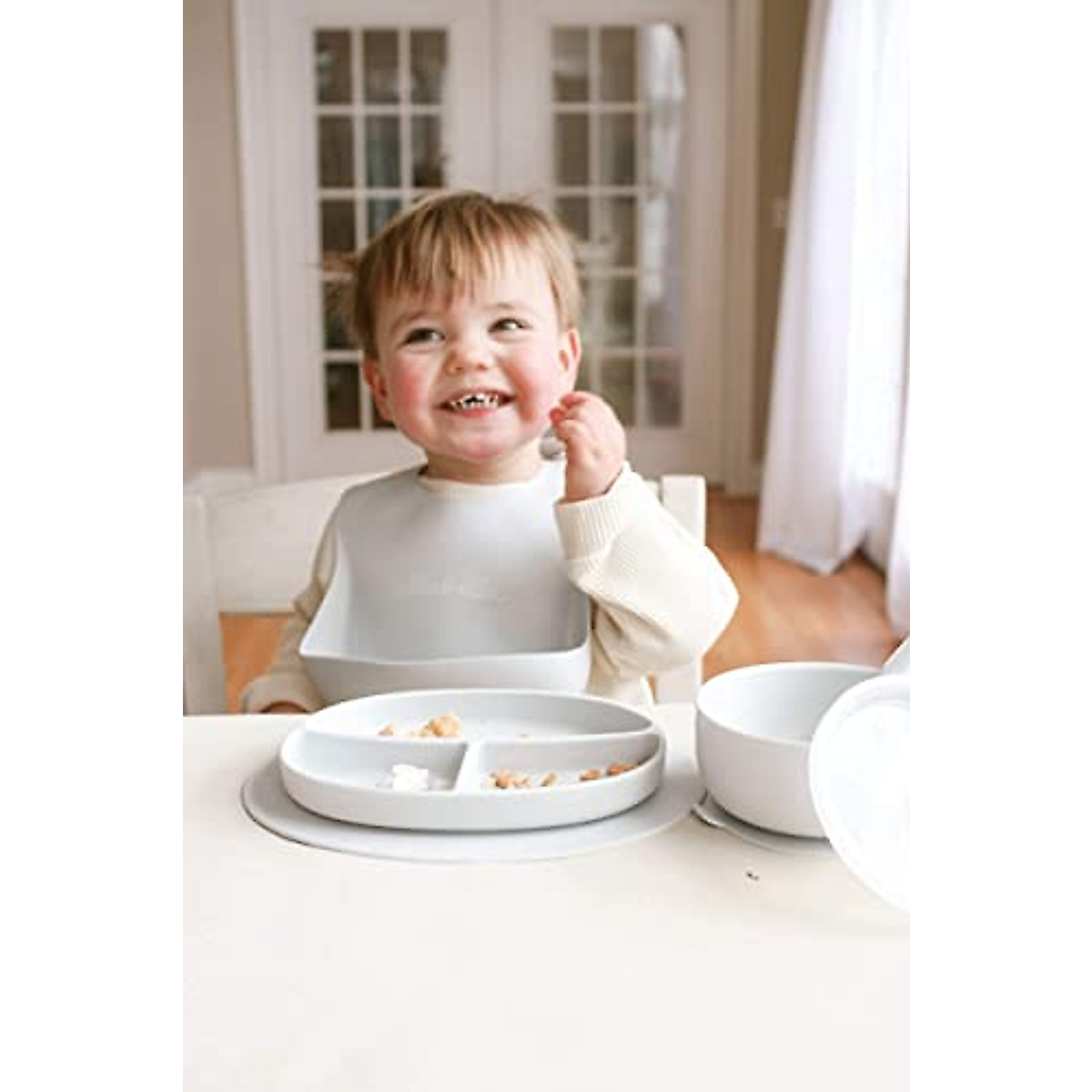 Ullabelle Suction 7 Pc Baby Feeding Set -BPA Free, 100% Food Grade Silicone- Microwave & Dishwasher Safe- 2 Silicone Bibs, 1 Suction Divided Toddler Plate, 1 Suction Bowl w/ Lid & 2 Spoons (Grey)