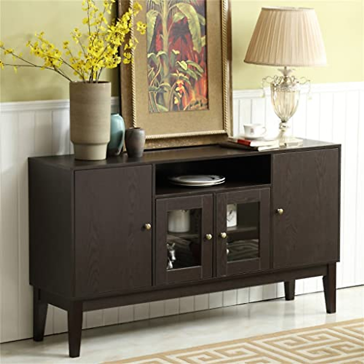 ZHUHW 60 Inch Solid Wood Sideboard Buffet Storage High Console Table with 4 Doors Living Room Espresso