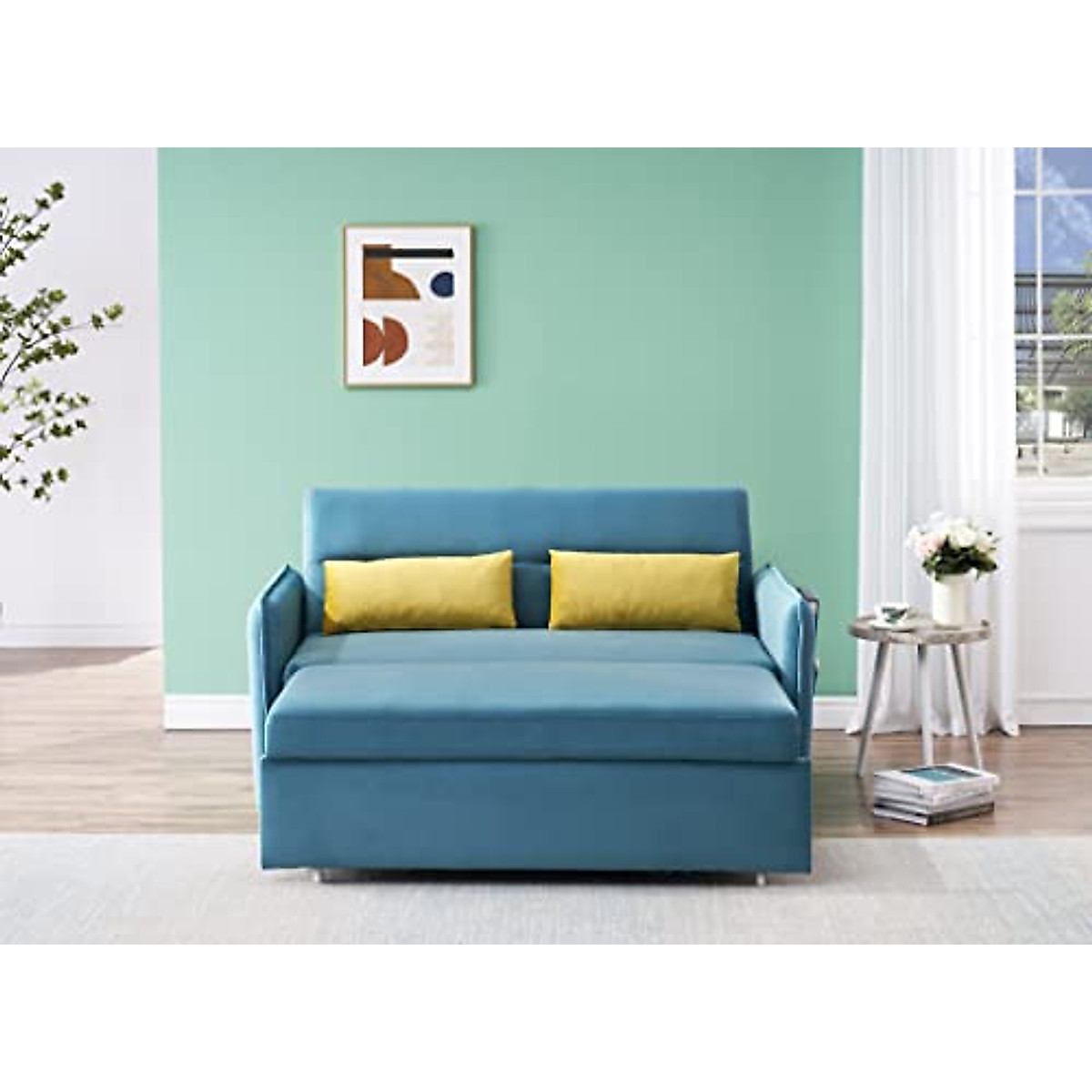FANYE Velvet Upholstered Loveseat Sleeper w/Side Storage Pockets, 54'' 2-Seaters Sofa with Pull-Out Couch Bed with 2 Pillows & Adjustable Backrest for Living Room Apartment Office Compact Space, Teal