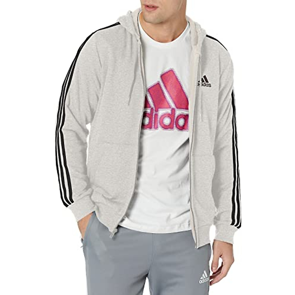adidas Men's Essentials French Terry 3-Stripes Full-Zip Hoodie, Medium Grey Heather/Black
