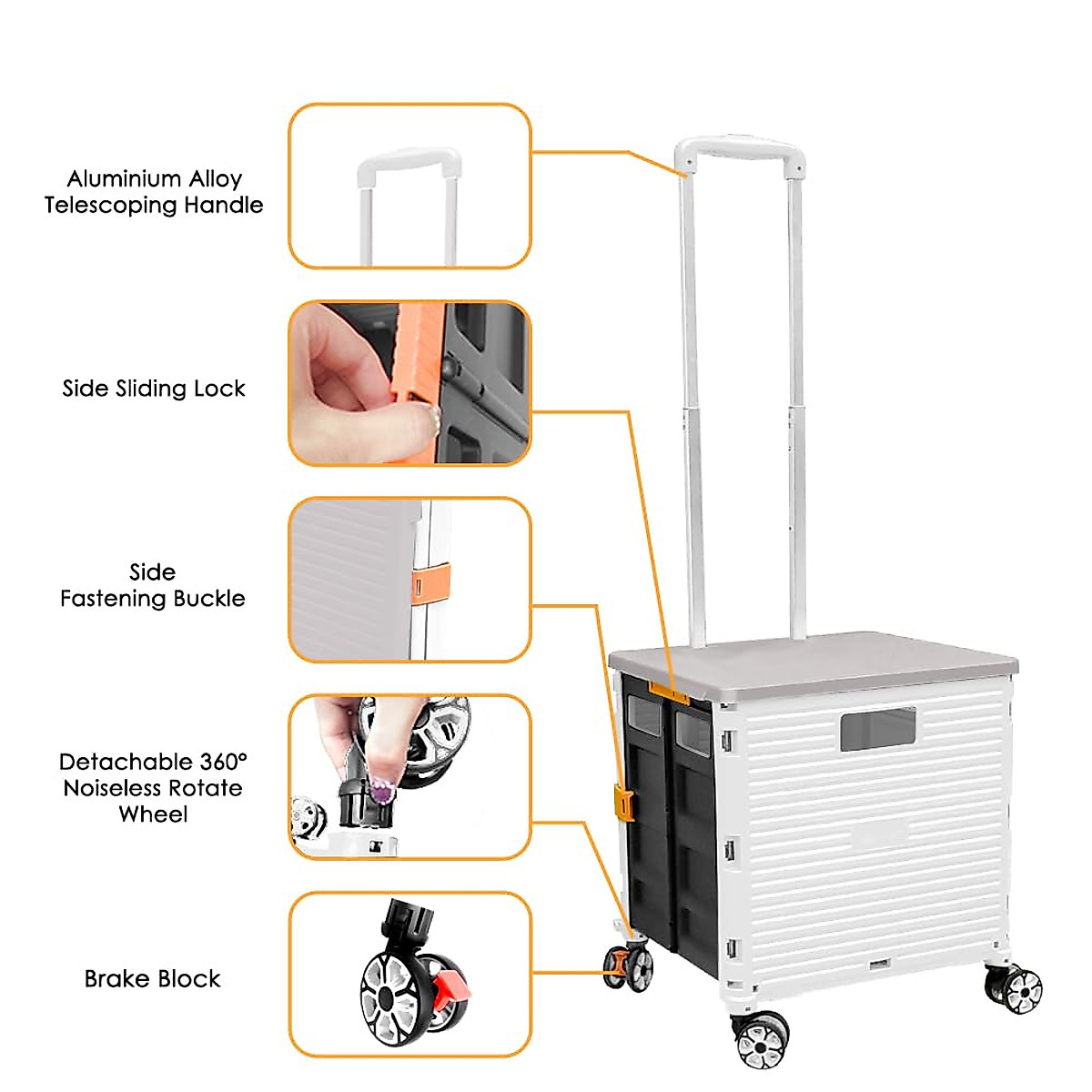 SELORSS Foldable Utility Cart Portable Collapsible Crate Rolling Carts with Wheels Rolling Tote Basket Teacher Cart with Lid Wear-Resistant 360°Rotate Wheel Noiseless for Shopping Storage Office Use