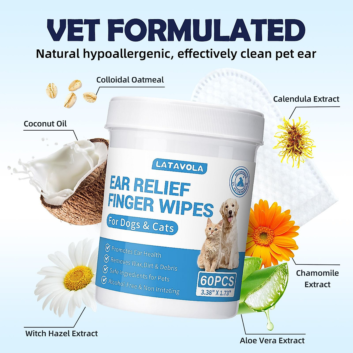 LATAVOLA Dog Ear Cleaner Wipes - Widen Ear Finger Wipes for Dogs & Cats, Remove Ear Wax, Debris, Relieve Ear Itching & Inflammation with Aloe and Calendula