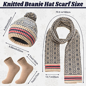 5 in 1 Women Soft Warm Thick Cable Knitted Beanie Hat Scarf Gloves Socks Earmuff Set Thickened Lining Cap Touchscreen Gloves (Beige, Khaki)