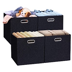 Bosmsd 13x13x13 in Collapsible Storage Bins, Foldable Fabric Cube Storage Boxes with 2 Handles, Ideal for Shelves, Closets, and Clothes, Set of 4