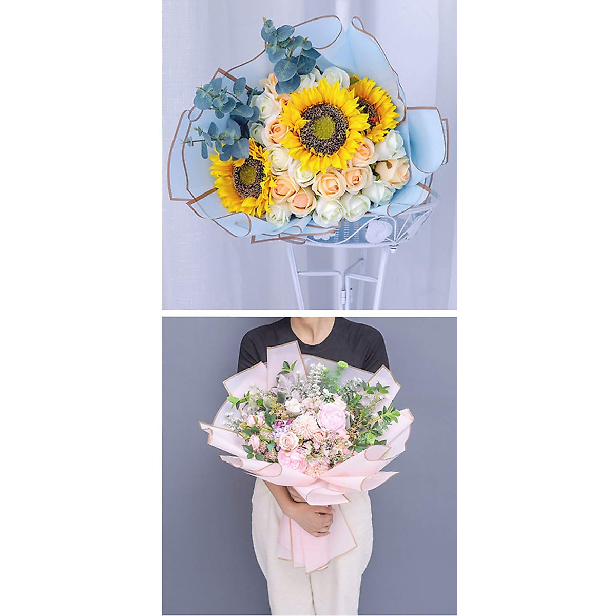 20 Counts Fresh Flowers Wrapping Paper,Waterproof Florist Bouquet Paper and 35 Yards 1" Fabric Ribbons Set,Gift Packaging or Gift Box Packaging,DIY Crafts,Florist Bouquet Supplies 23x23 (Rose Pink)