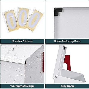Nunsino Wall-Mounted Mailbox with Flag Kit and 3 Sets of Number Stickers, Metal Post Box, Rust-Resistant for Outside Use,15.24” L x 4.72”W x 10.43”H, White