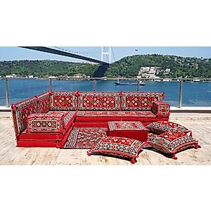 8" Thicknesse L Shaped Floor Couch, Arabic Sofa Seating, Floor Pillow, Corner Floor Couch, Sectional Sofa Set, Patio Furniture, Arabic Majlis (L Sofa + Rug + Poufs)