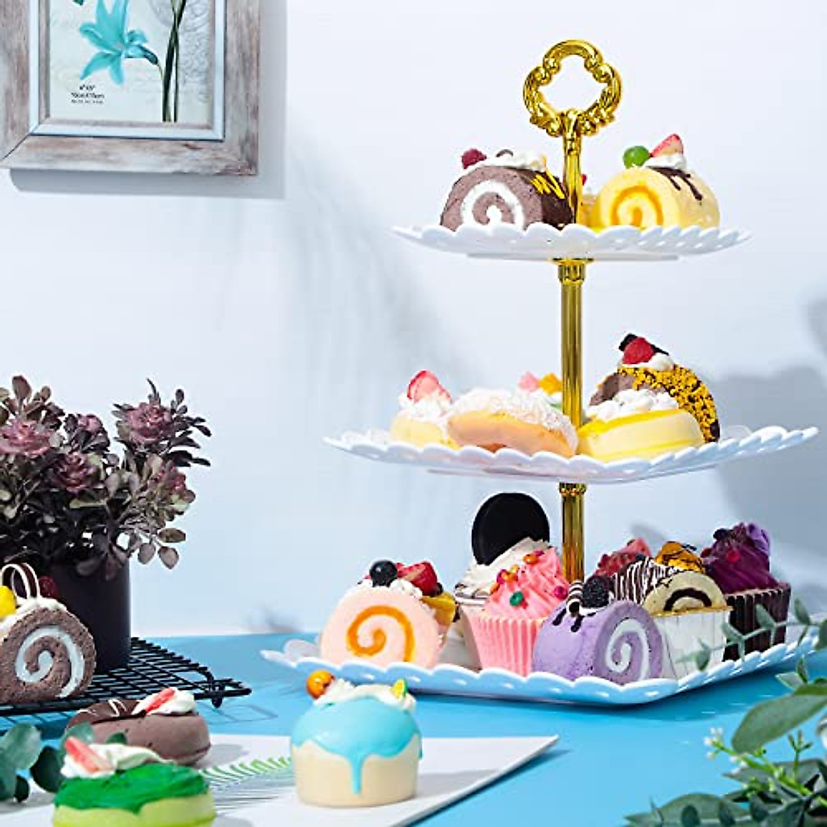 Gandeer 6 Sets of 3 Tier Plastic Cupcake Stand, White Plastic Tiered Serving Stand for Cupcake Stands for Dessert Table Mini Cake Fruit Snack Square Dessert Display Trays for Wedding Birthday