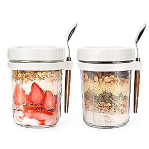 Melanaille 2 Pack Overnight Oats Containers with Lids and Spoons,16 oz Glass Mason Overnight Oats Jars,Reusable portable plastic food storage container for oatmeal, yogurt, soup, grains, milk, etc