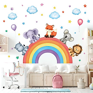 DECOWALL SG3-2318 Baby Animals on Rainbow Wall Stickers Decals Art décor Kids Living Nursery Removable Room Safari Jungle Girls Boys