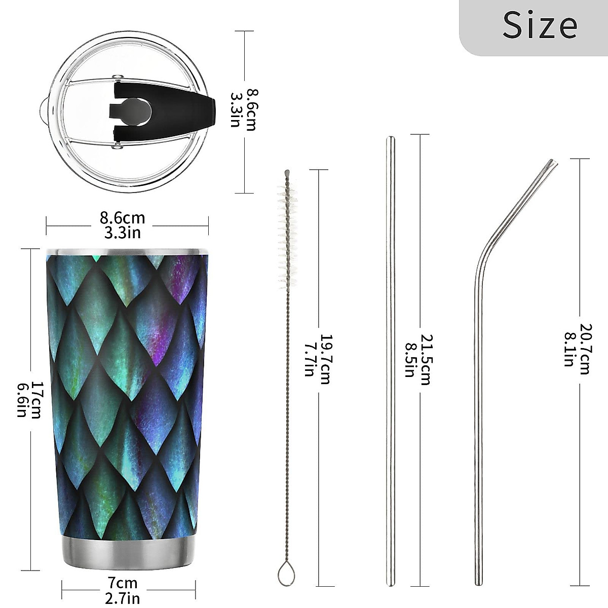 Yasala Tumbler Dragon Scales Bright Insulated Office Coffee Cup Back to School Beverage Container Travel Mug with Straw and Lid Double Wall Stainless Steel 20oz
