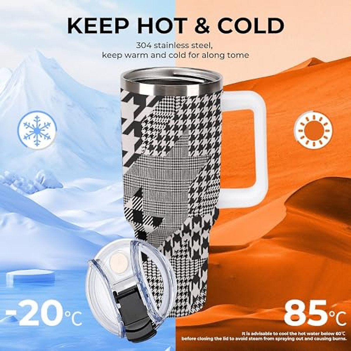 Niapessel Leak Proof Tumbler, Insulated Water Bottles with Straw, Houndstooth Black White Insulated Cup with Handle 40 Oz Stainless Steel Flask for School, Travel, Car, Sports, Work