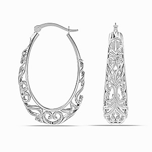 LeCalla Sterling Silver Earring Hoops for Women | Filigree Earrings | 925 Silver Hoop Earrings | Women's Filigree Hoop Earrings | 925 Silver Italian Hoops Earring | Medium Oval Hoops for Women - 32mm