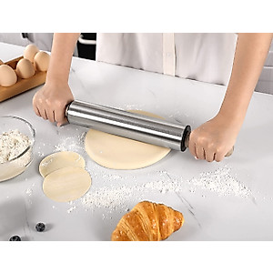 Rolling Pin with Wooden handle,9.6inch Stainless Steel Roller, rolling pins for baking,Which can be used to make Pizza, Pie Crust, Cookies, Pastry,sugar，Pasta and other dough.By Amber&Sean